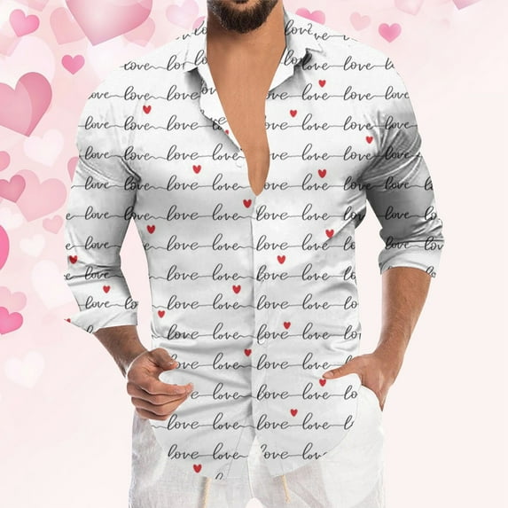 HOWPAY Men's Dress Shirts Valentines Long Sleeve Love Heart Print ...