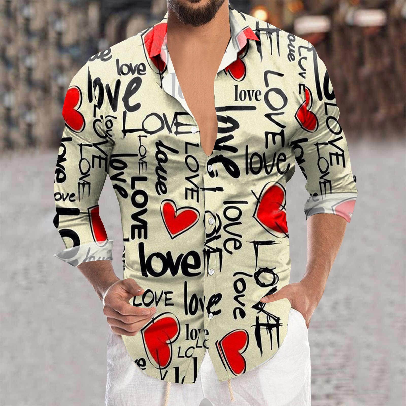 HOWPAY Mens Dress Shirt Valentines Print Slim Fit Long Sleeve Button up ...