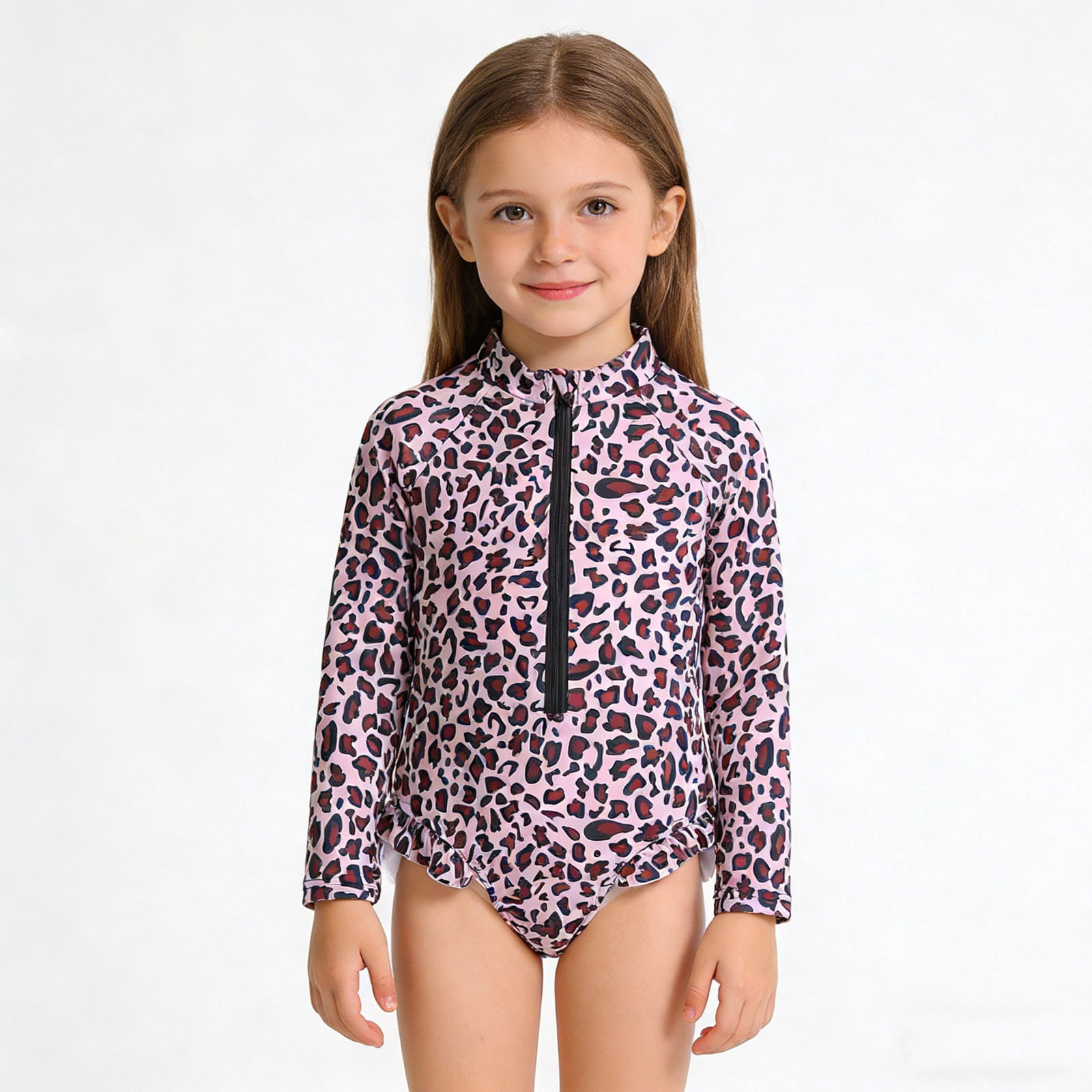 HOWPAY One Piece Swimsuit Girls Leopard Print Long Sleeve Bikini ...