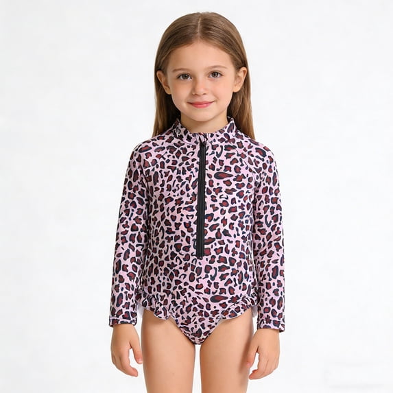 HOWPAY One Piece Swimsuit Girls Leopard Print Long Sleeve Bikini ...