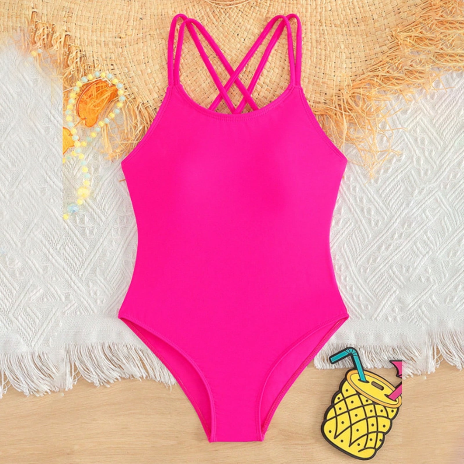HOWPAY One Piece Swimsuit Girls Solid Color Sleeveless Crossback ...