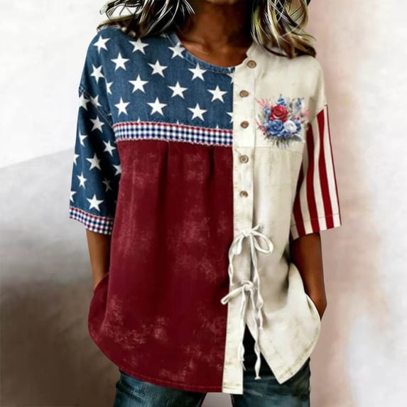 HOWPAY USA 250th Anniversary Shirt Women American Flag Print Tie Button ...