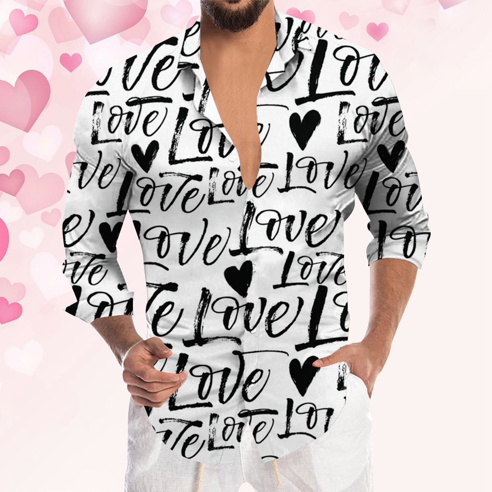 HOWPAY Valentines Dress Shirts for Men Regular Fit Love Heart Print ...