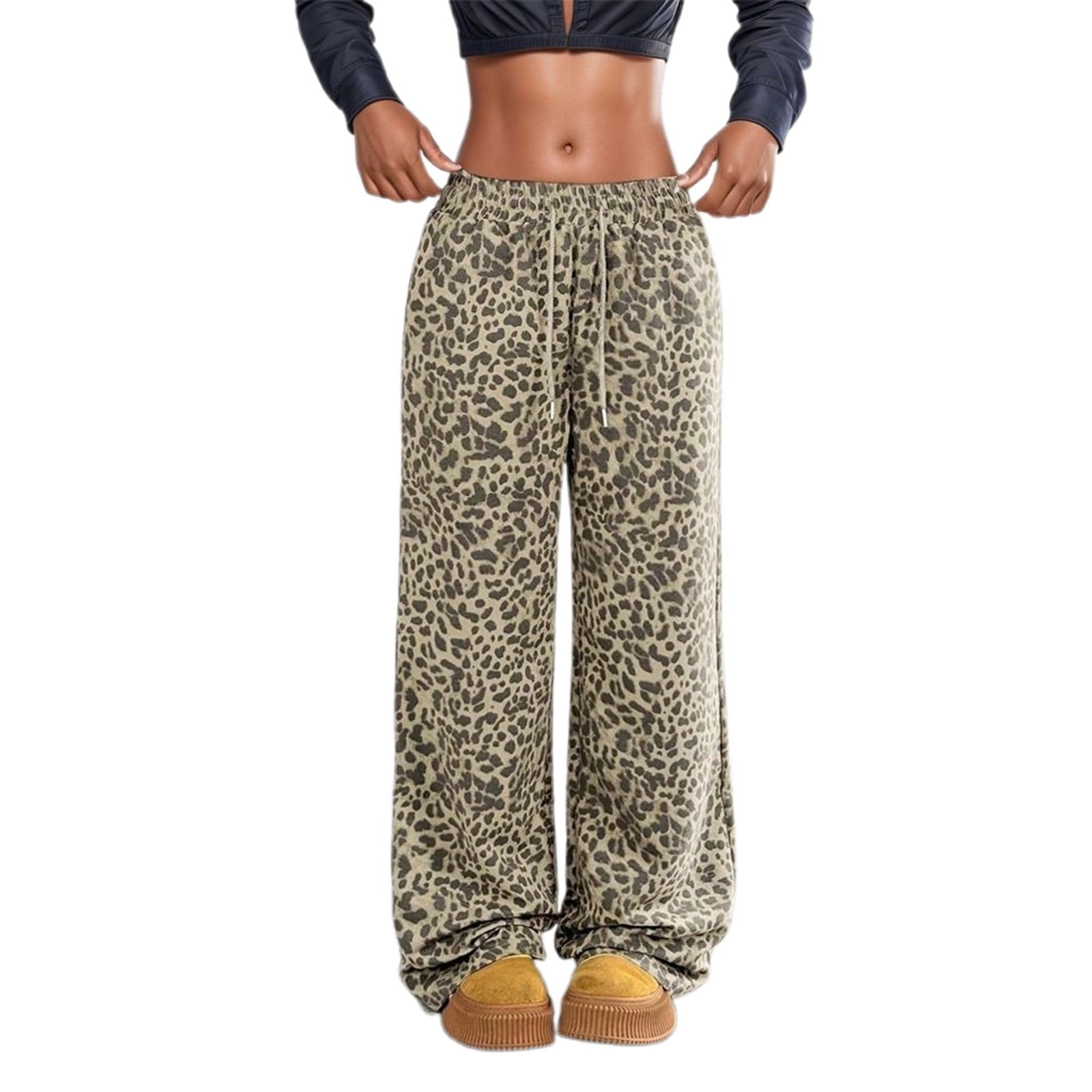HOWPAY Women's Leopard Cheetah Print Pants Wide Leg Elastic High ...