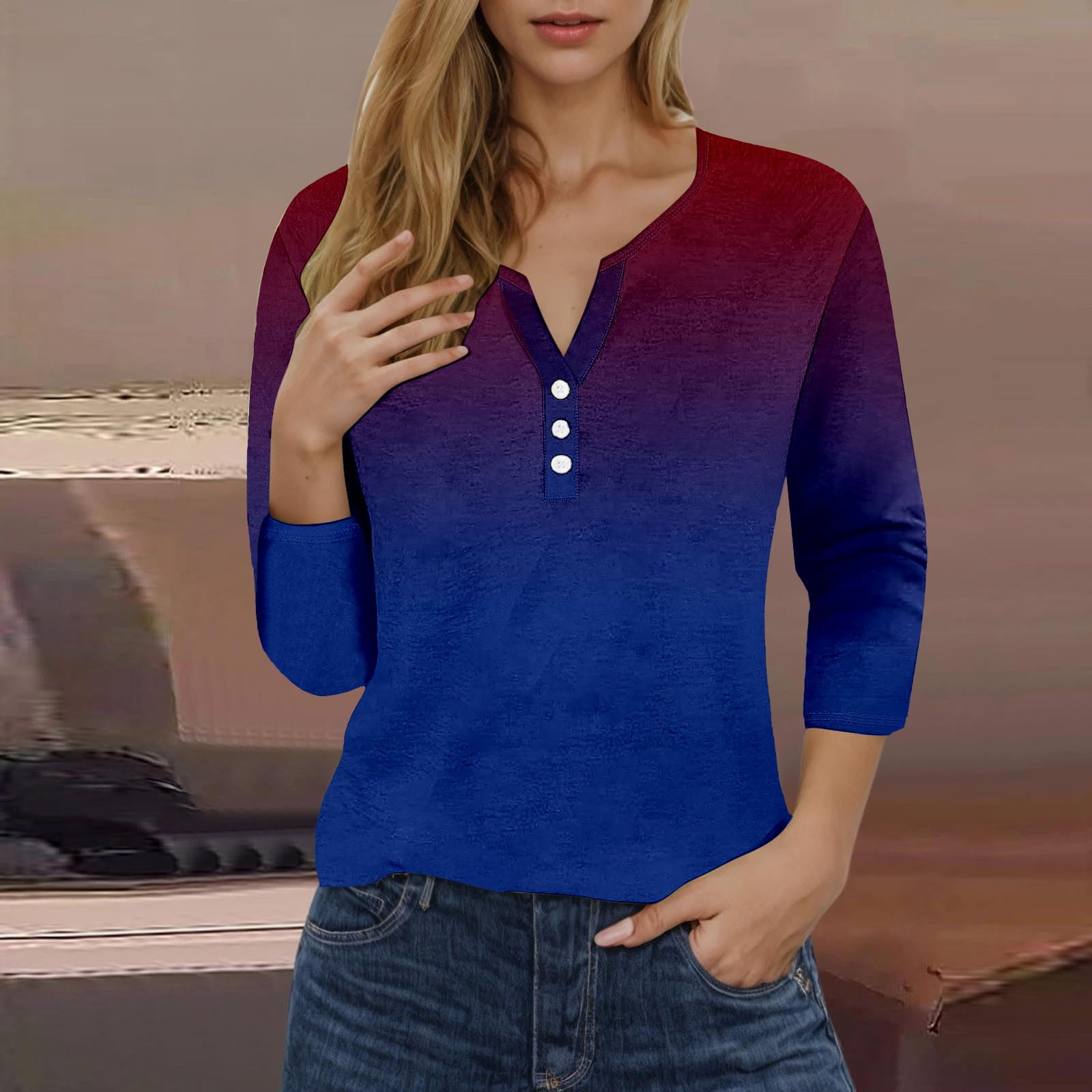 HOWPAY Women's Tops Casual Classic V Neck 3/4 Sleeve Tunic Tees Printed ...