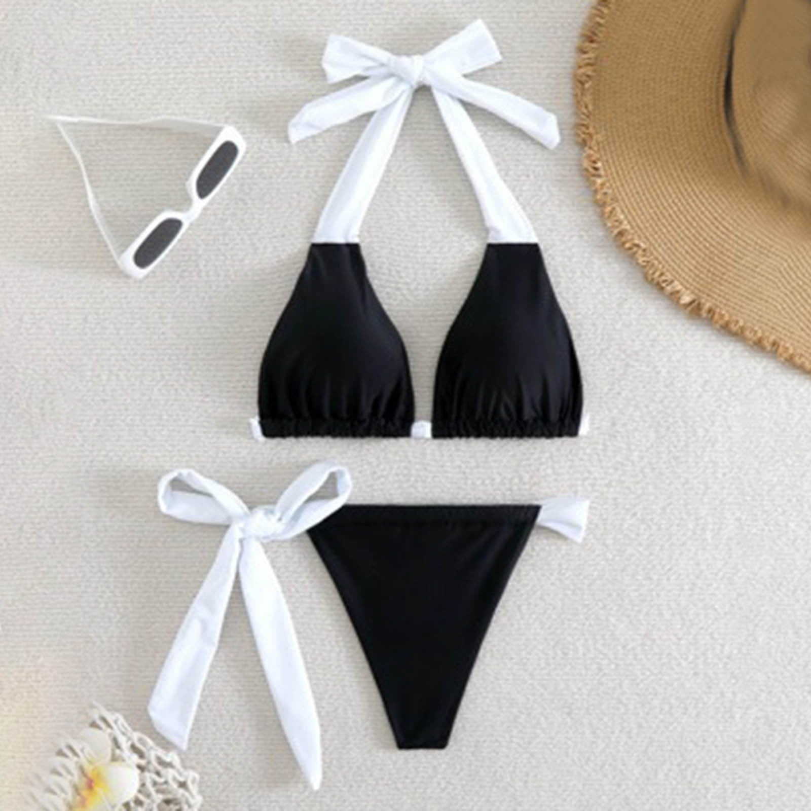 HOWPAY Womens Swimsuits Summer V Neck Triangle Halter Top High Cut Self ...