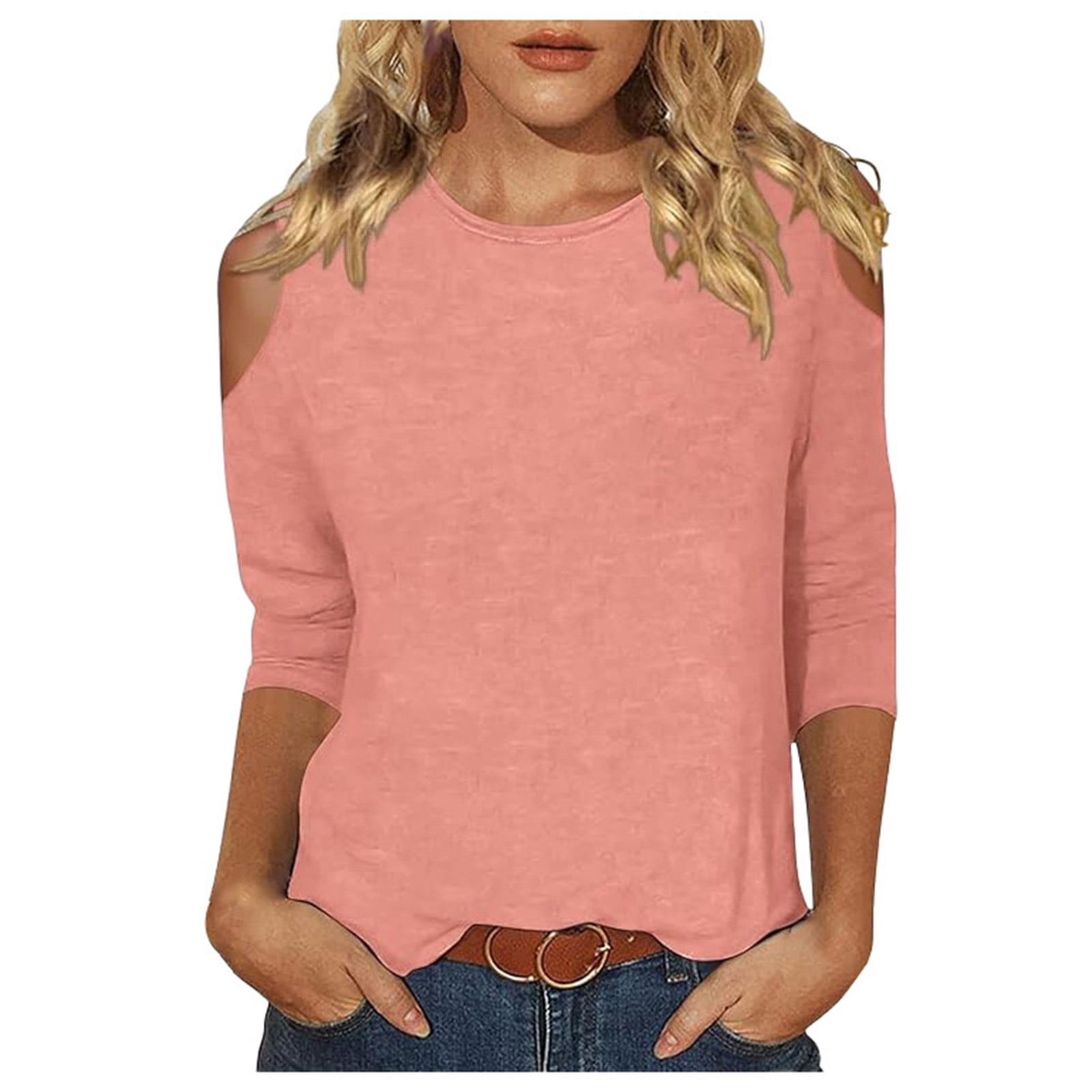 HOWPAY Womens T Shirts V Neck 3/4 Sleeve Solid Color Loose Fit Dressy ...