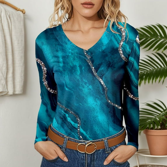 HOWPAY Womens Tops Long Sleeve Graphic V Neck Tunic Tops Dressy Casual ...