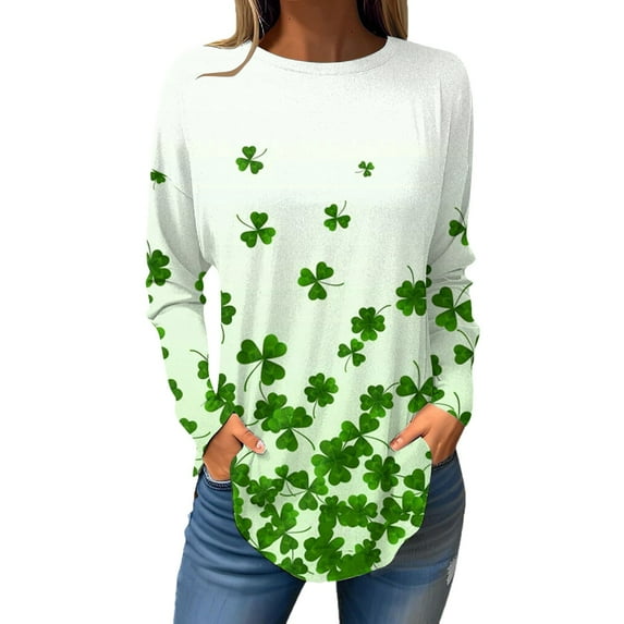 HOWPAY Womens Tops Long Sleeve Shamrock Floral Crew Neck Pullover St ...