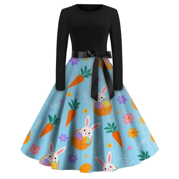 HOXZODT Womens Easter Dress 2026 Long Sleeve A-Line Zipper Back Holiday ...