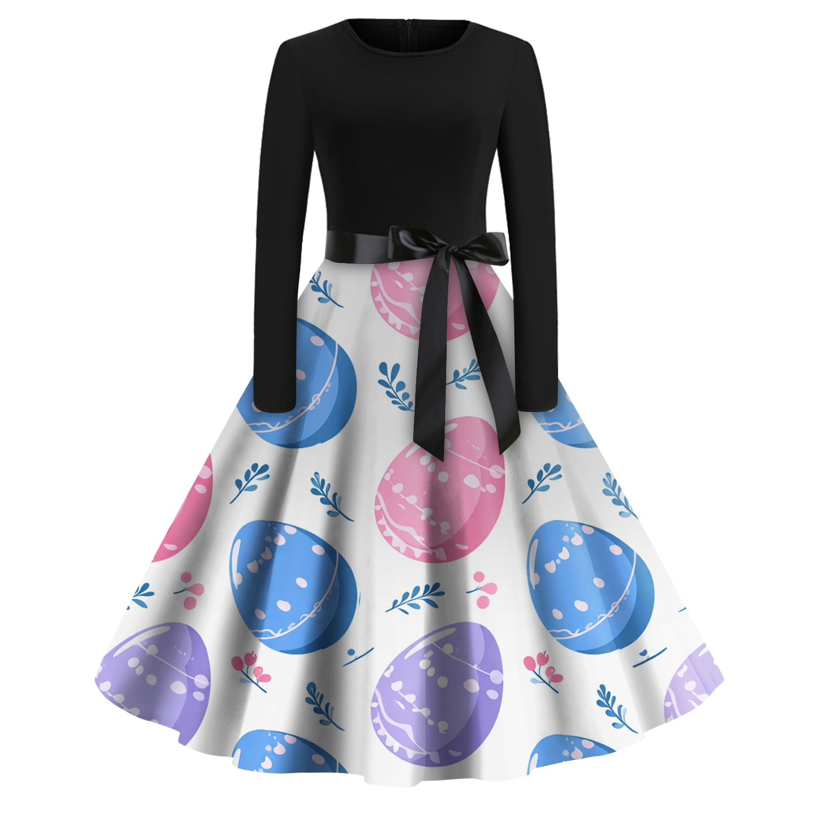 HOXZODT Womens Easter Dress 2026 Long Sleeve A-Line Zipper Back Holiday ...