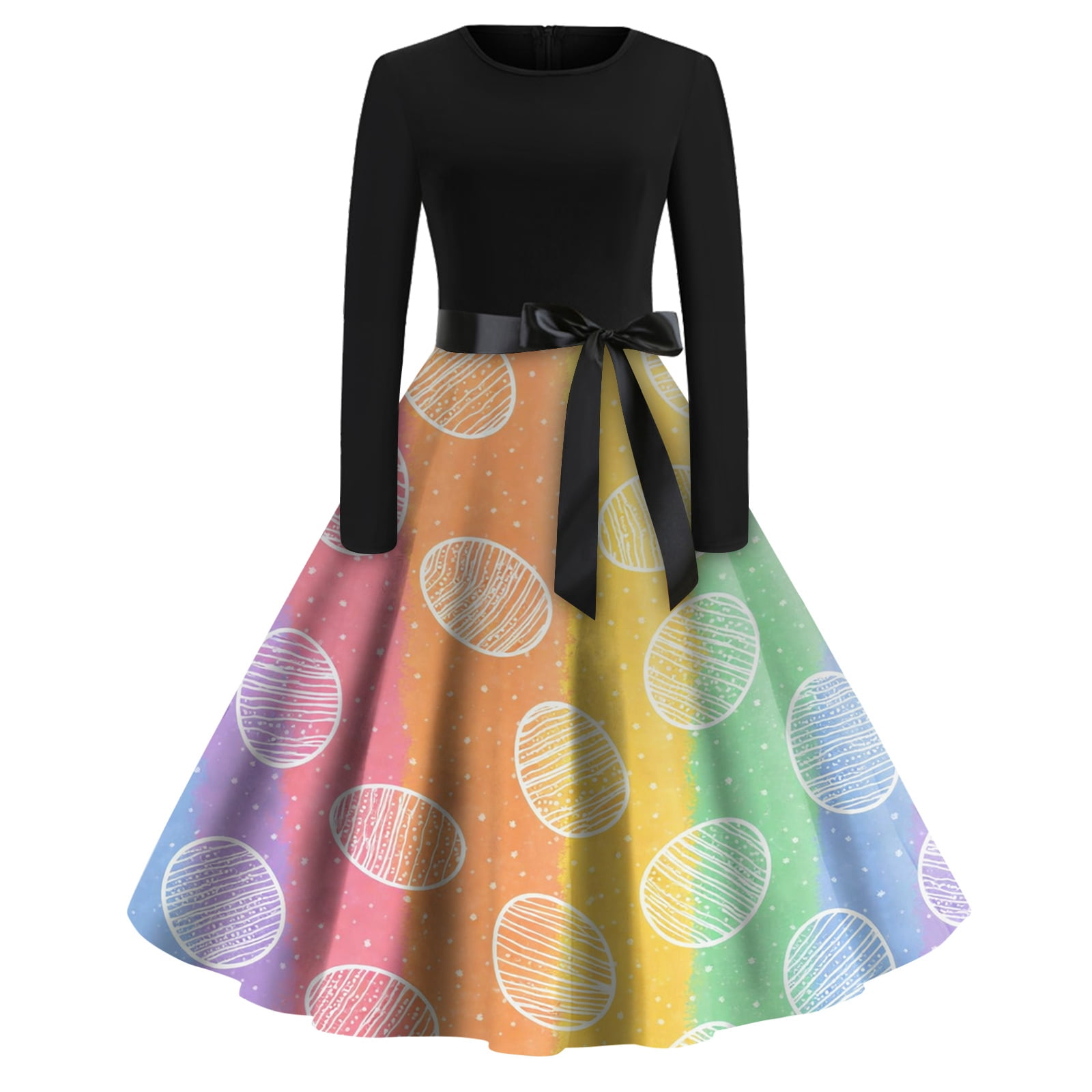 HOXZODT Womens Easter Dress 2026 Long Sleeve A-Line Zipper Back Holiday ...