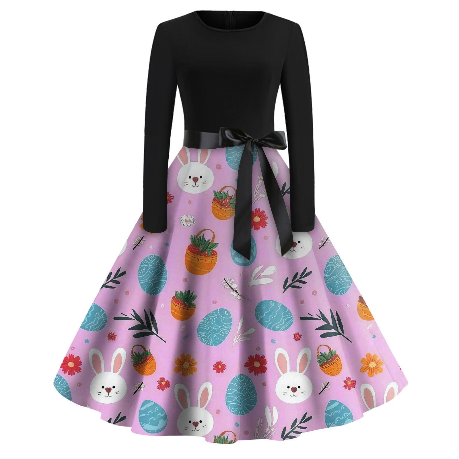 HOXZODT Womens Easter Dress Long Sleeve A-Line Zipper Holiday Dresses ...