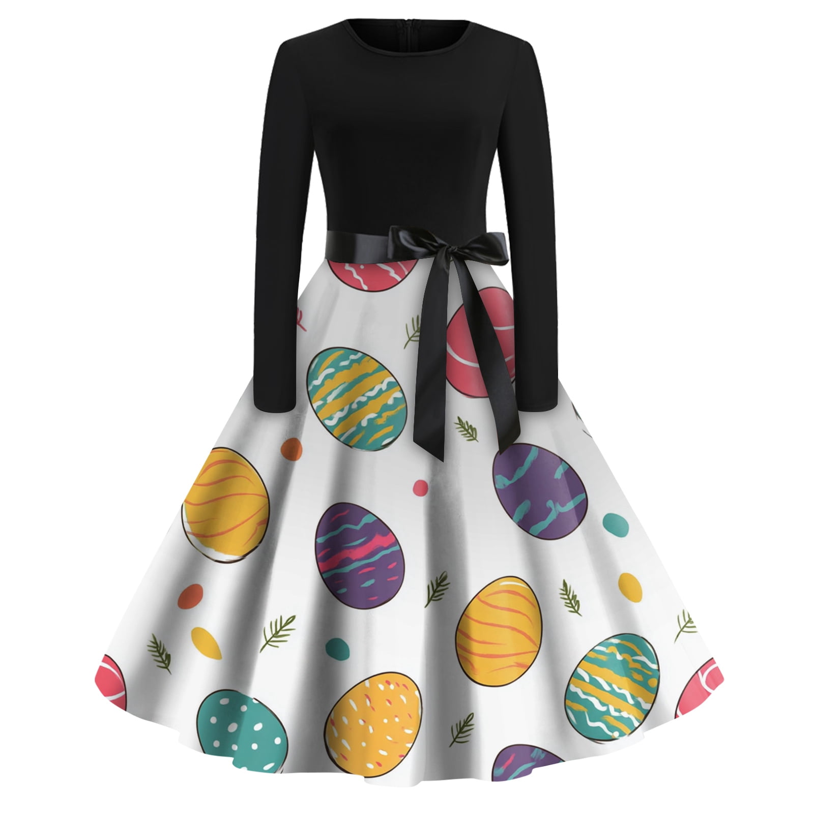 HOXZODT Womens Easter Dress Long Sleeve A-Line Zipper Holiday Dresses ...