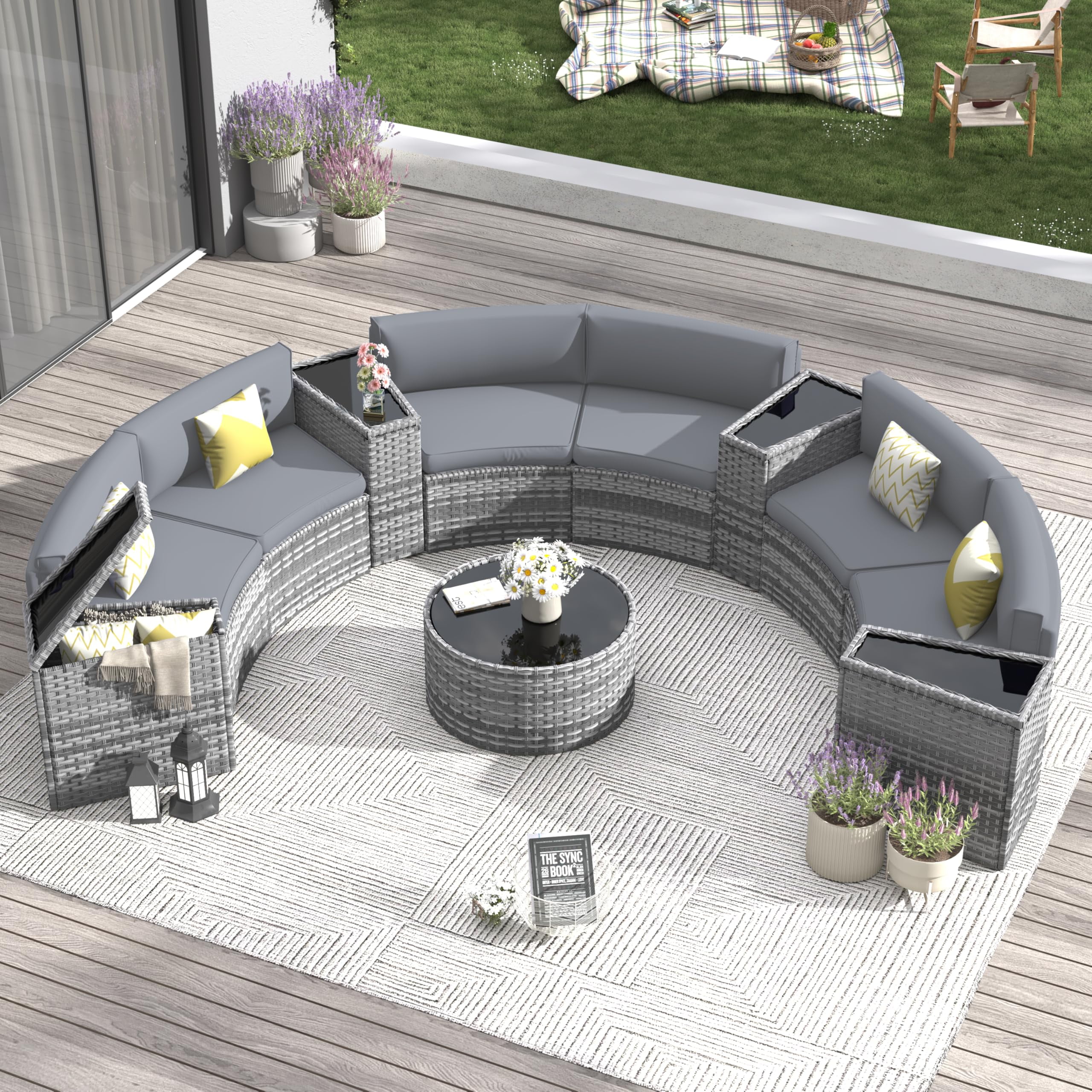 HOYOA Outdoor Patio Furniture Sets, 11 Pieces Curved Patio Sectional ...