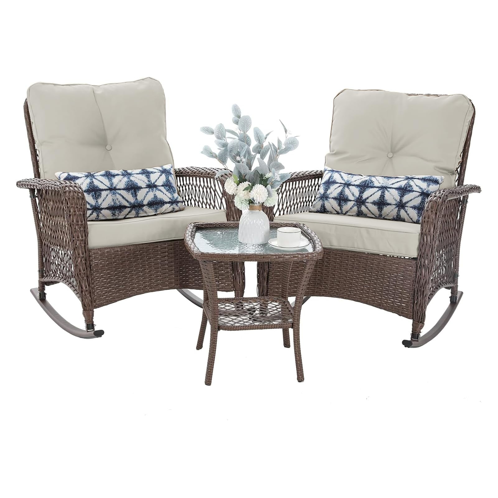 HOYOA Outdoor Rocking Chair Sets, 3 Piece Rocking Chair Bistro Set with ...