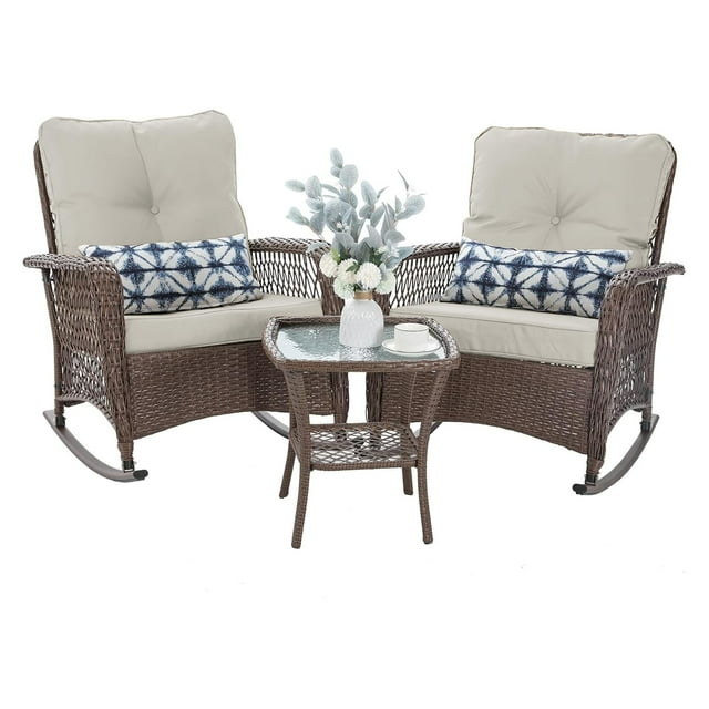 HOYOA Outdoor Rocking Chair Sets, 3 Piece Rocking Chair Bistro Set with ...
