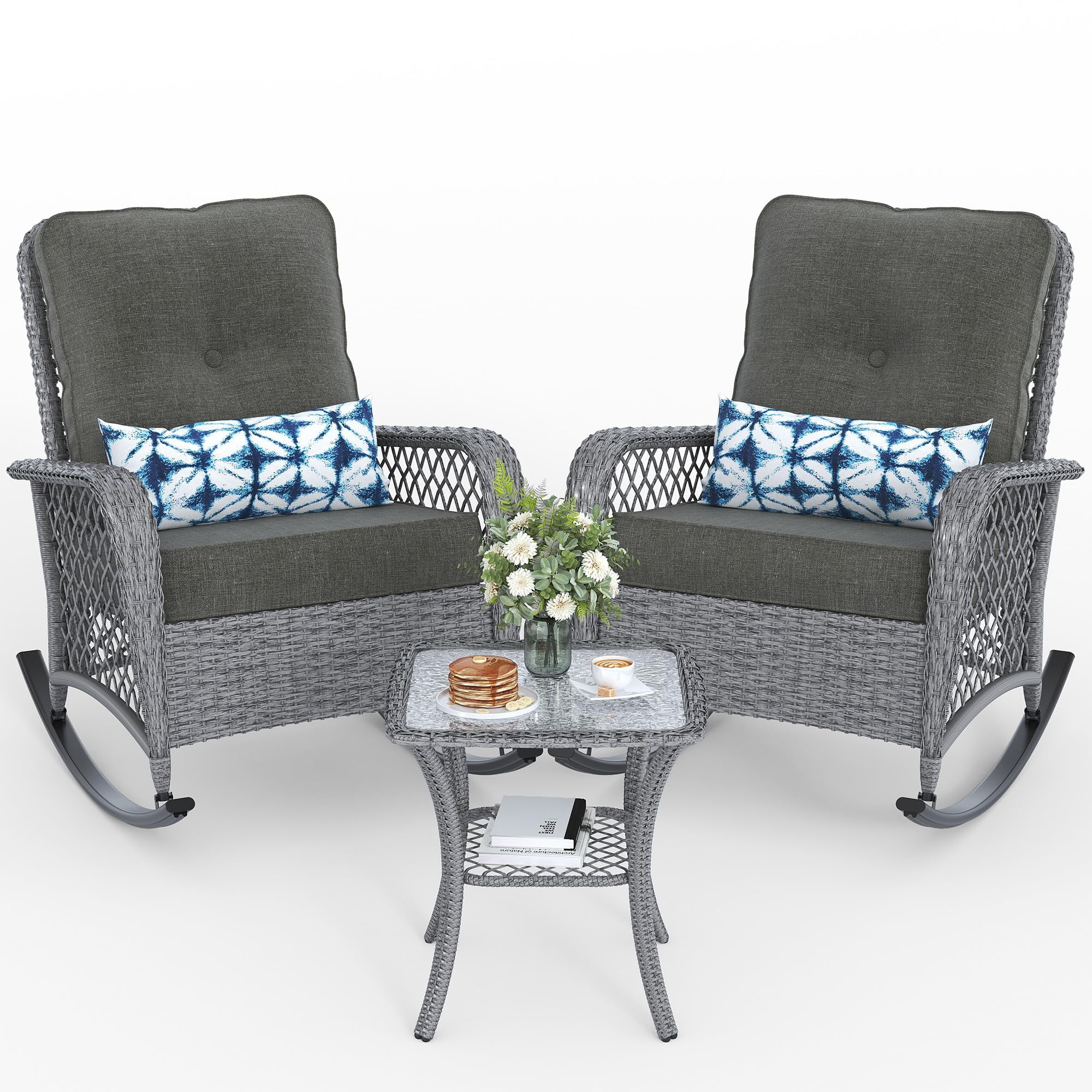 HOYOA Outdoor Rocking Chair Sets, 3 Piece Rocking Chair Bistro Set with ...