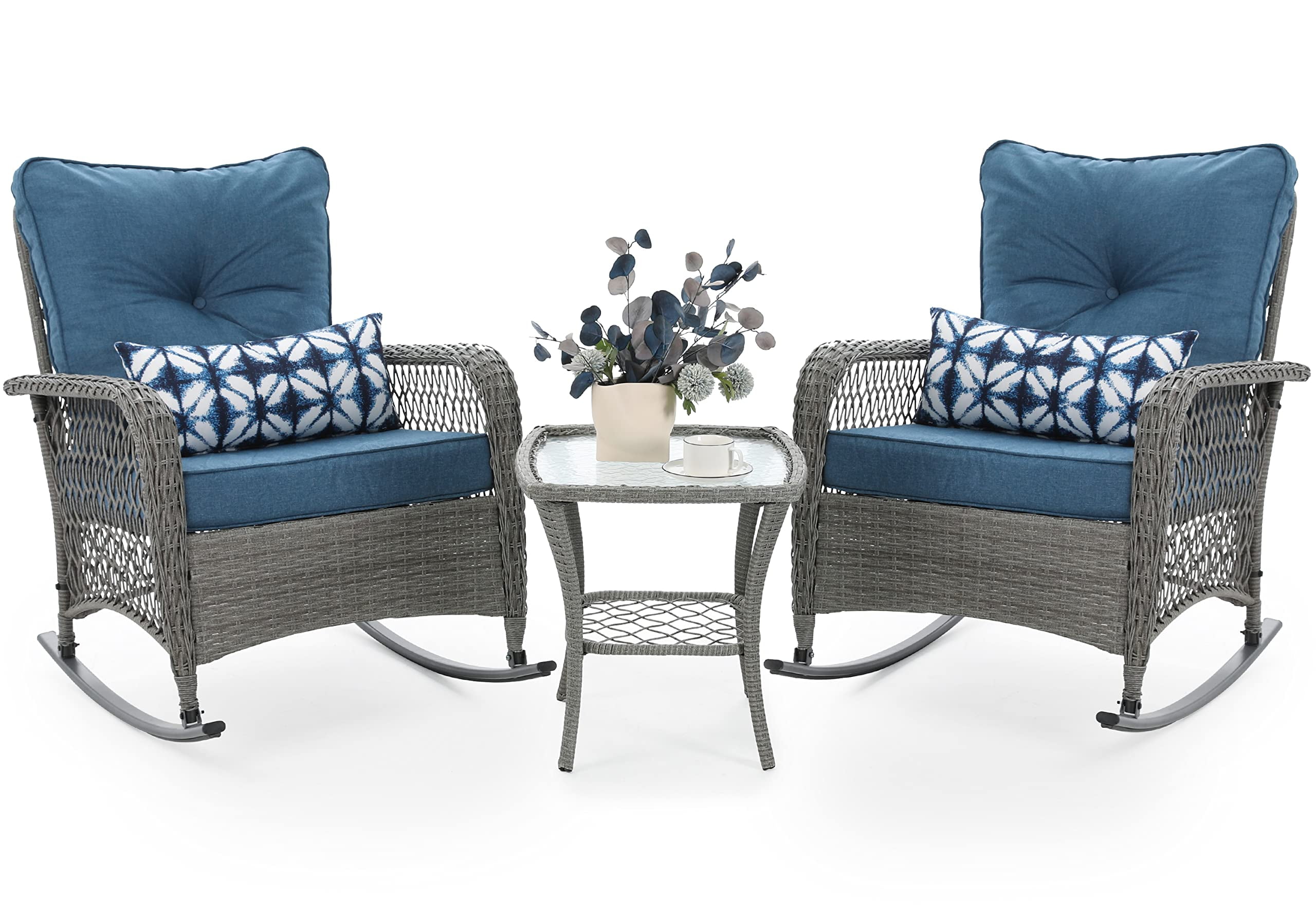 HOYOA Outdoor Rocking Chair Sets, 3 Piece Rocking Chair Bistro Set with ...