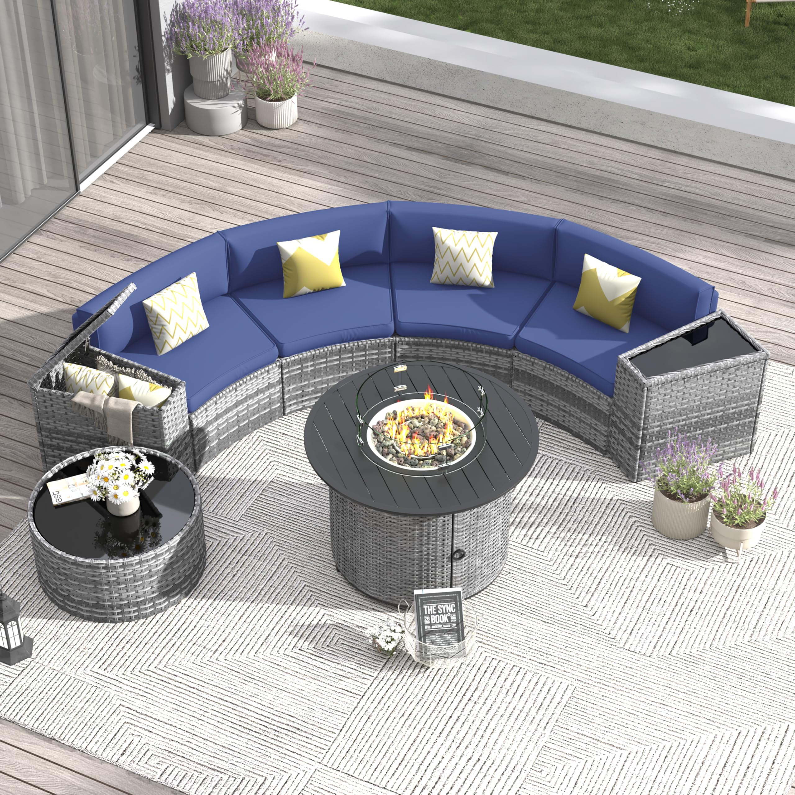 HOYOA Patio Furniture Set with Fire Pit Table, 8 Pieces Curved Patio ...