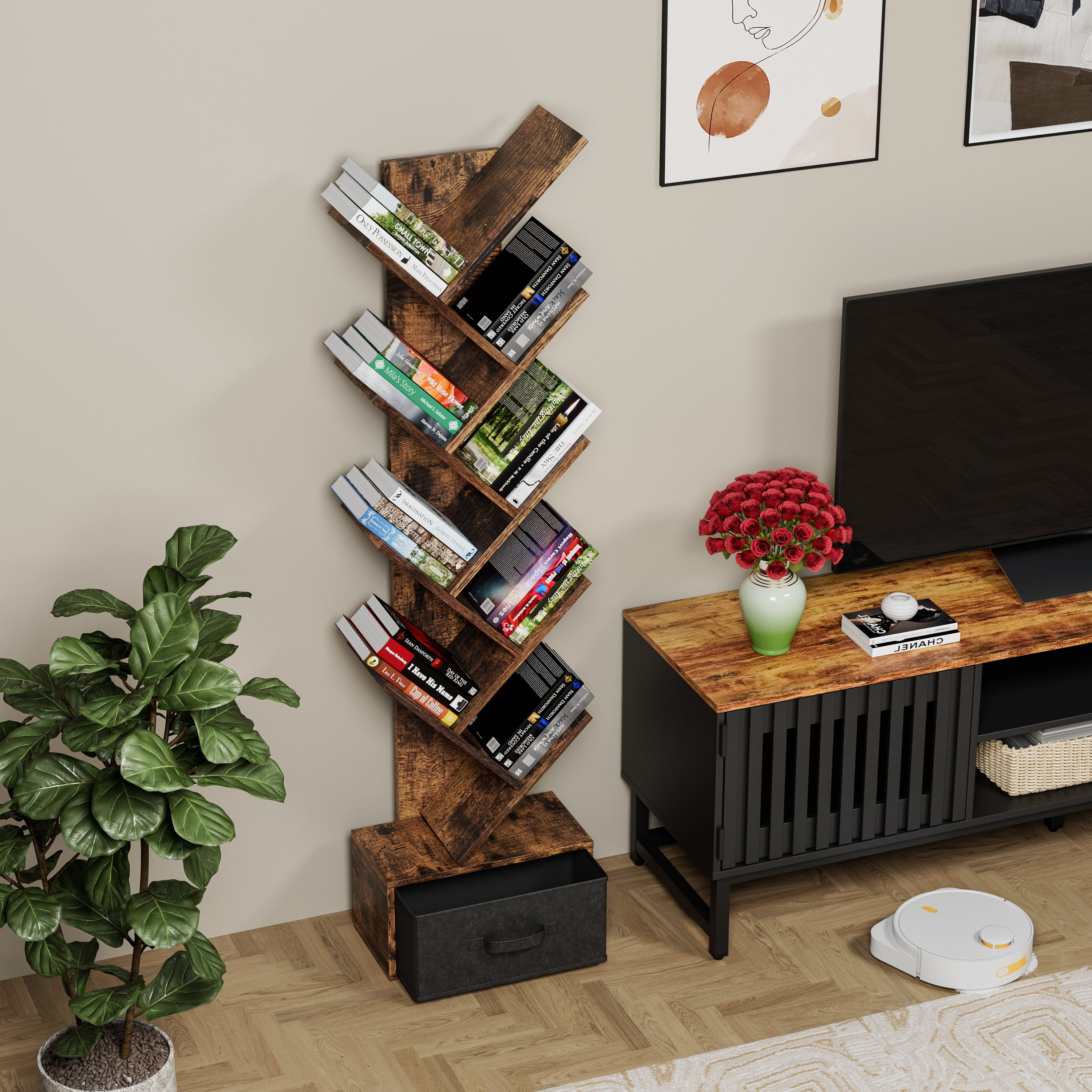 HOYUTO 9-Tier Tree Bookshelf with Storage Drawer - Rustic Brown ...