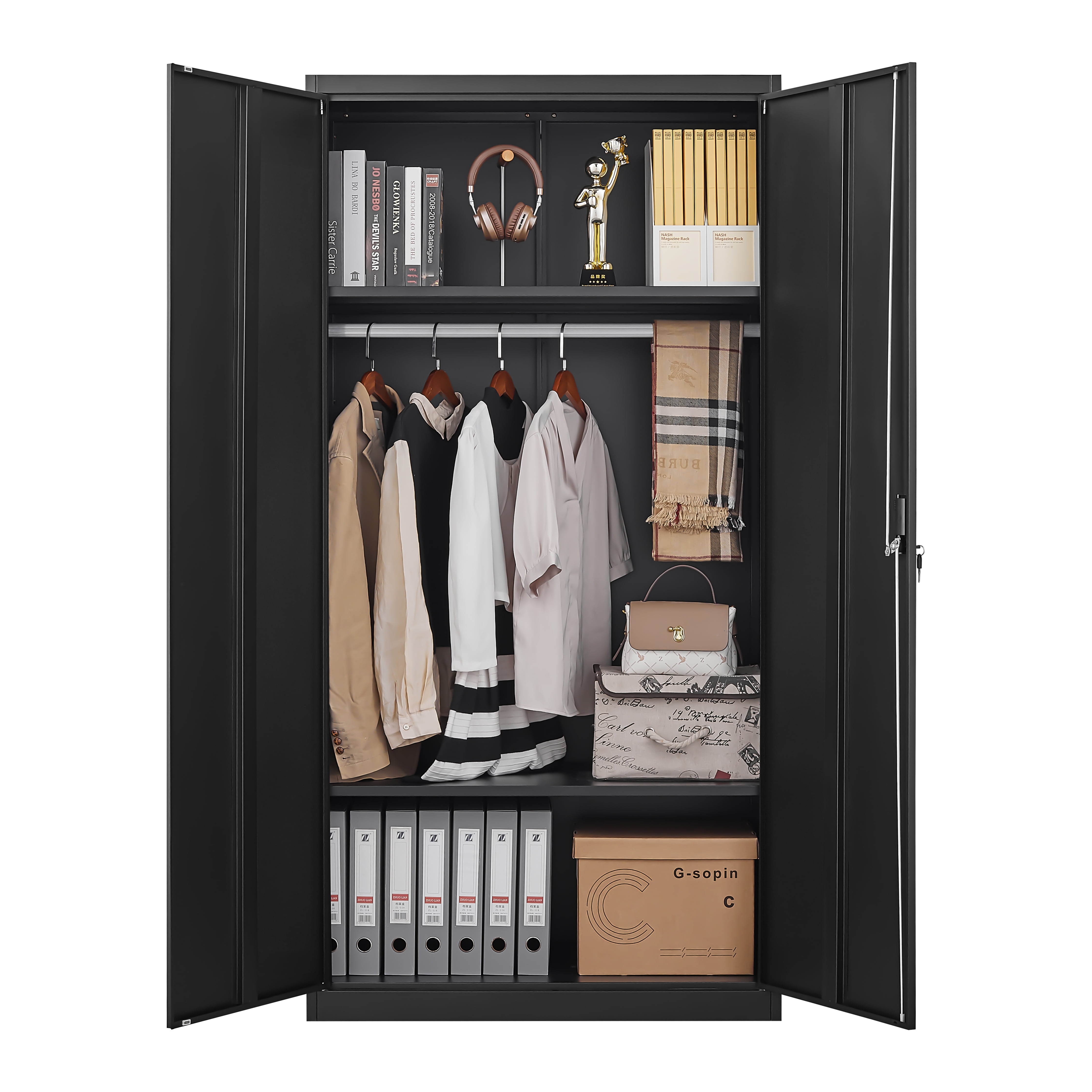 HOYUTO Metal Wardrobe Cabinet with Lock - Modern Black Steel Storage ...