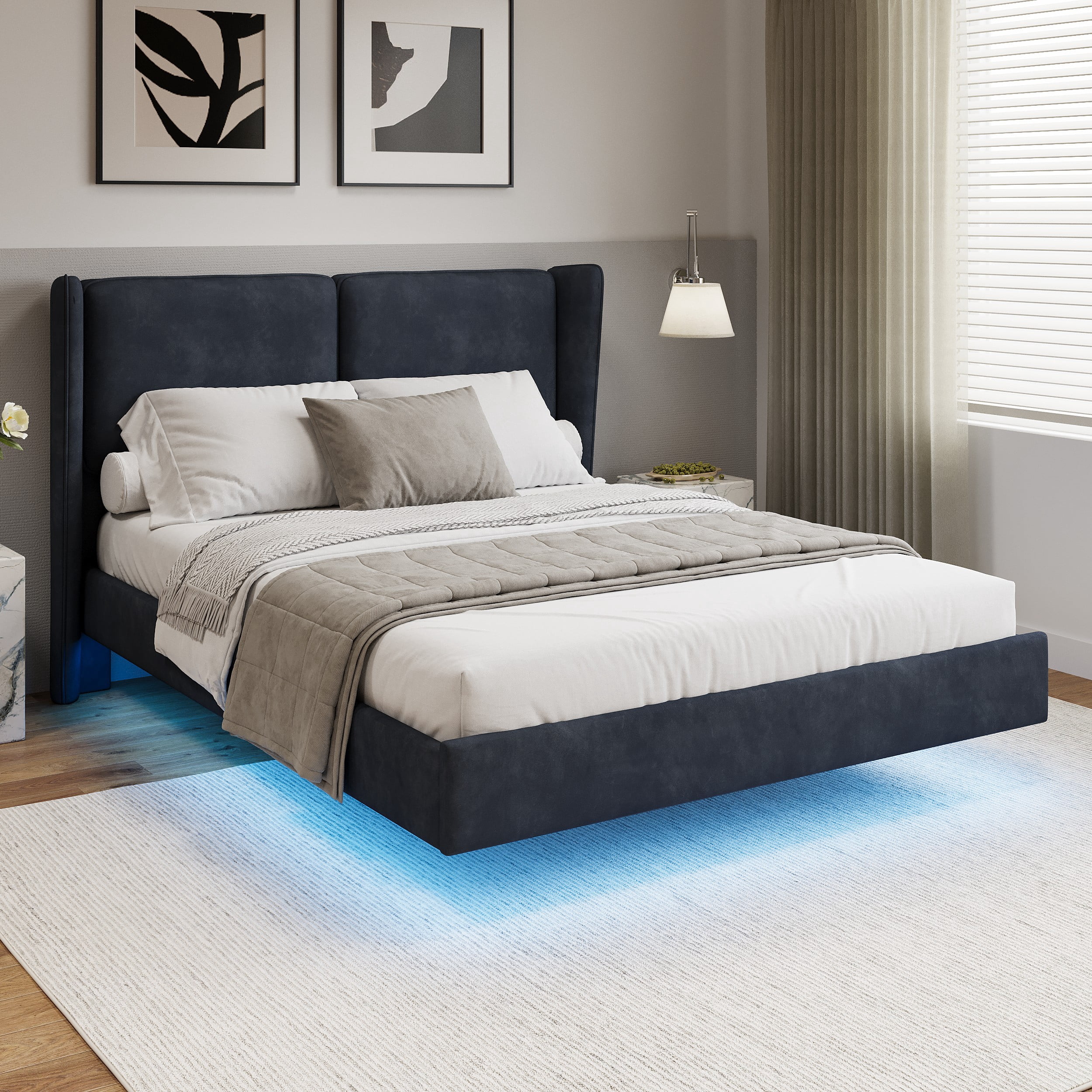 HOYUTO Modern Velvet Wingback Floating Bed Frame with RGB LED Lights ...