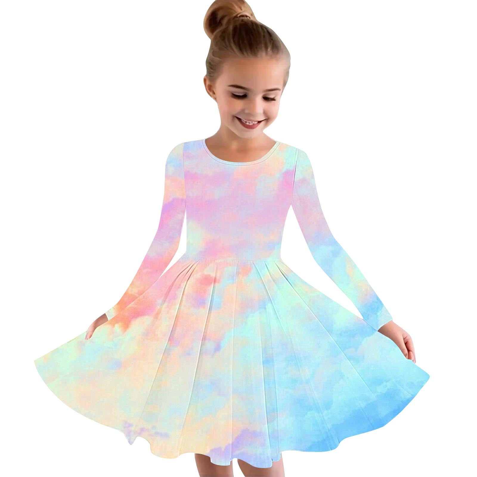 HOZADOIE Dresses for Girls Tie Dye Colorful Print Early Spring Fashion ...