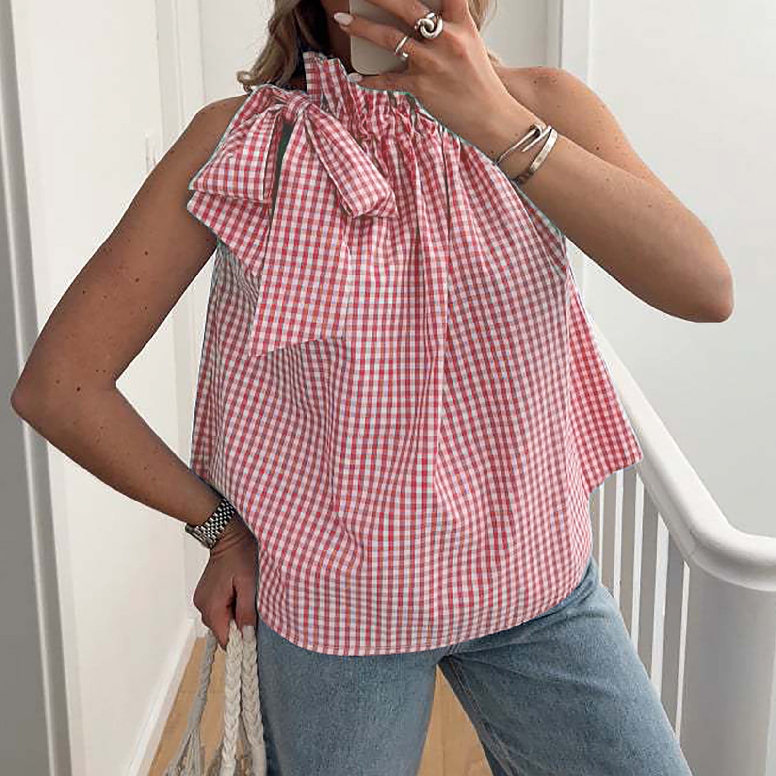 HOZADOIE Pink Womens Tank Tops Plaid Sleeveless Solid Color Stand ...