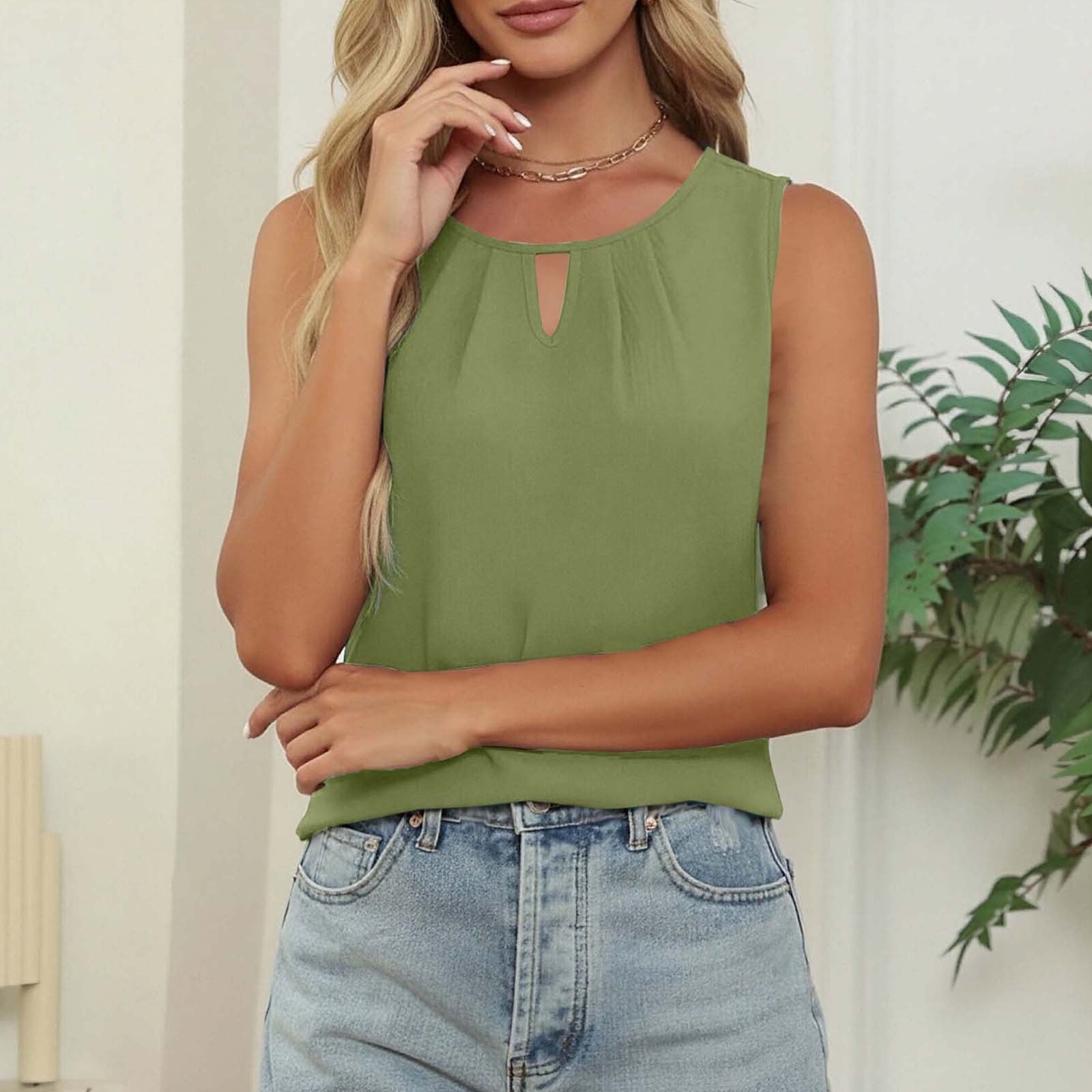 HOZADOIE Womens Tank Tops Cotton Linen Blend Sleeveless Solid Color ...