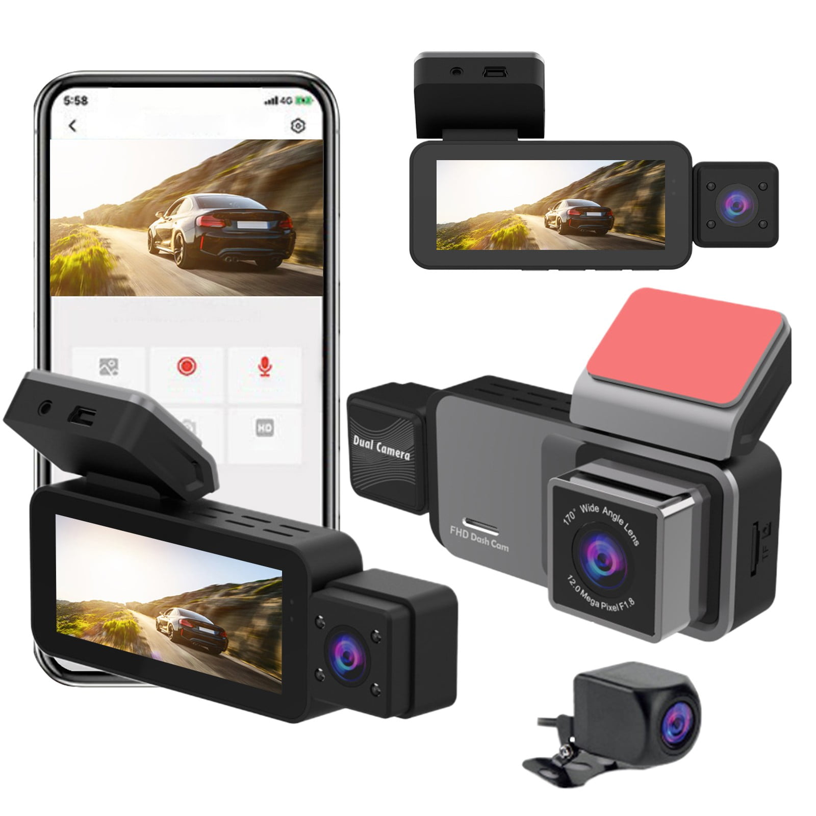 HOZVOMI 1080P Dash Cam, 3-Channel Front Interior Rear Cameras, 3.39 IPS ...