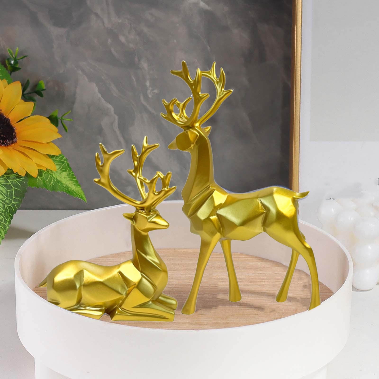 HOZVOMI 2pcs 3D Geometric Elk Resin Statue, Seated and Standing Elegant ...