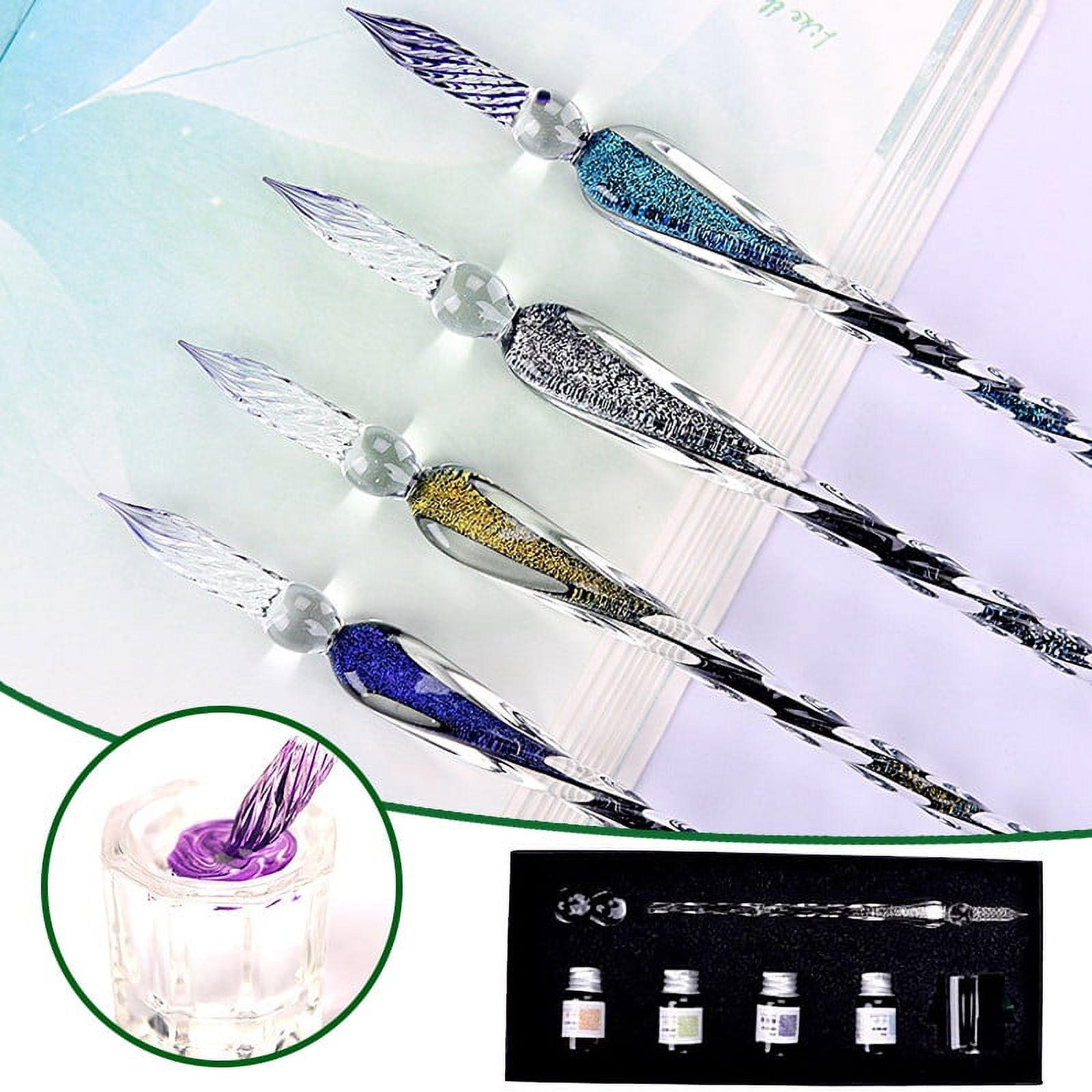 HOZVOMI Crystal Glass Dip Pen Set with 4 Ink Colors - Calligraphy and ...