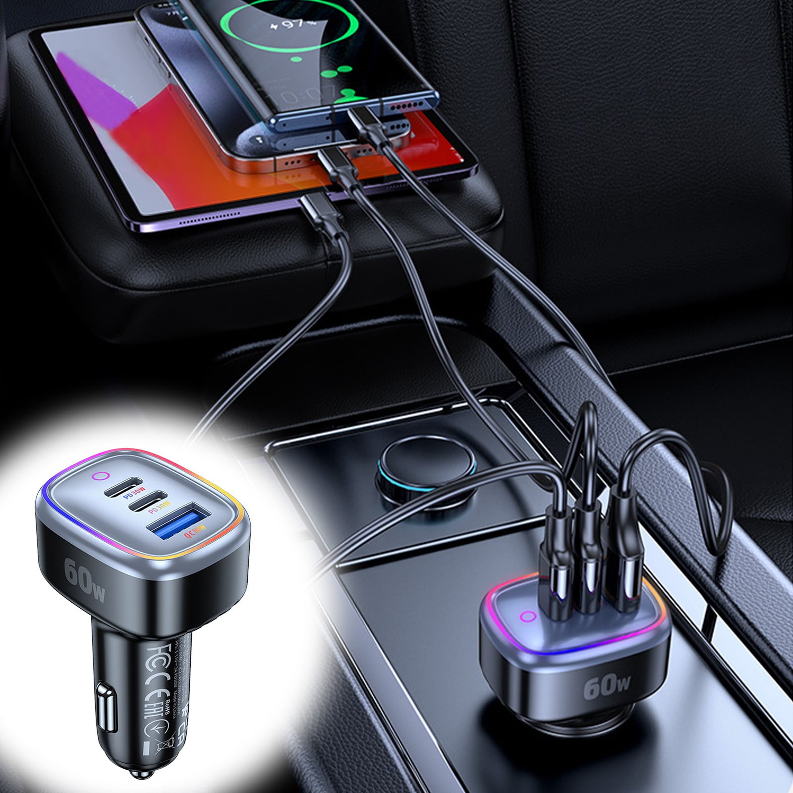 HOZVOMI PD30W USB-C Car Charger, QC18W Fast Charging, 3-Port Quick Charge for Universal Devices ...