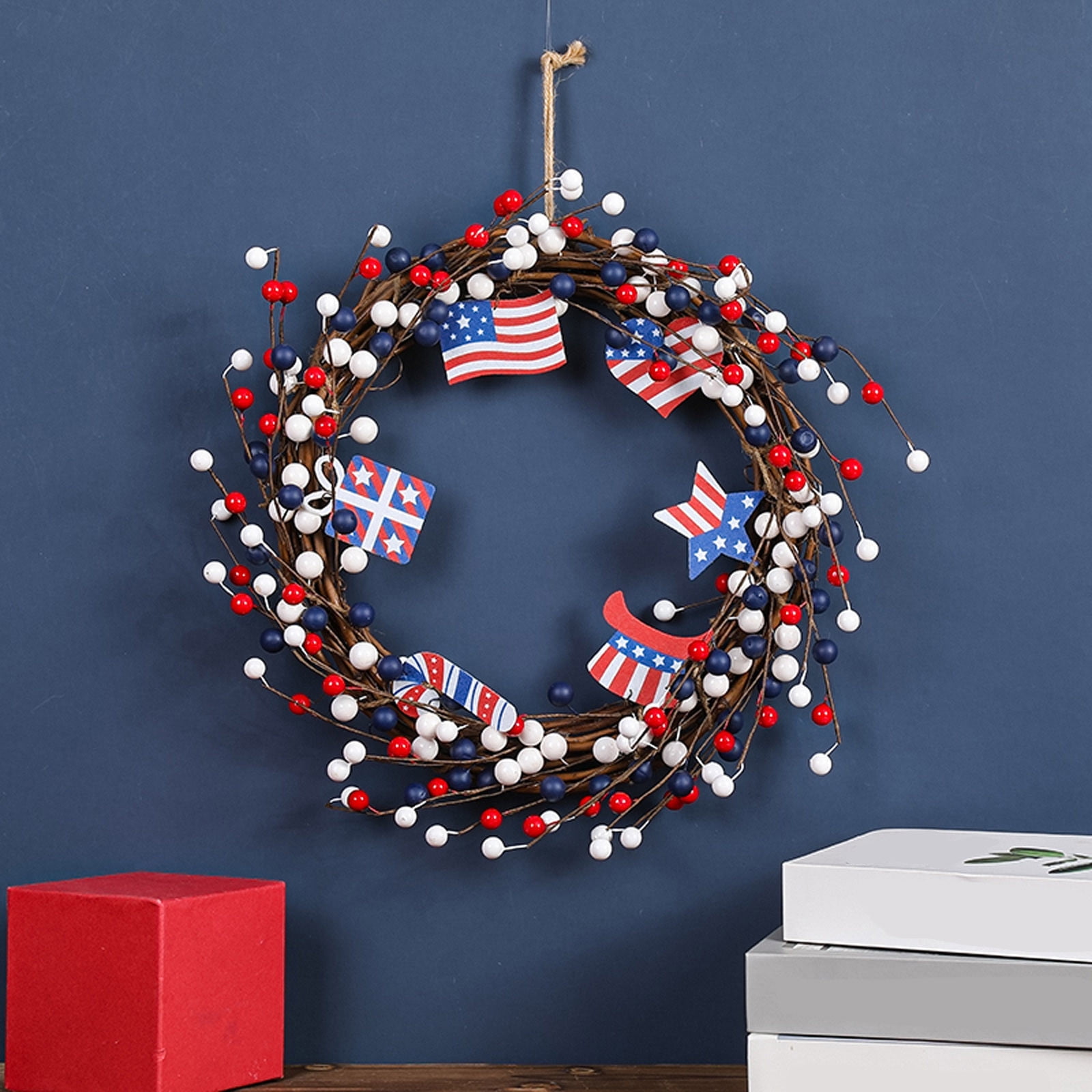 HOZVOMI Red White Blue Berry Wreath Garland with Mini Flags ...