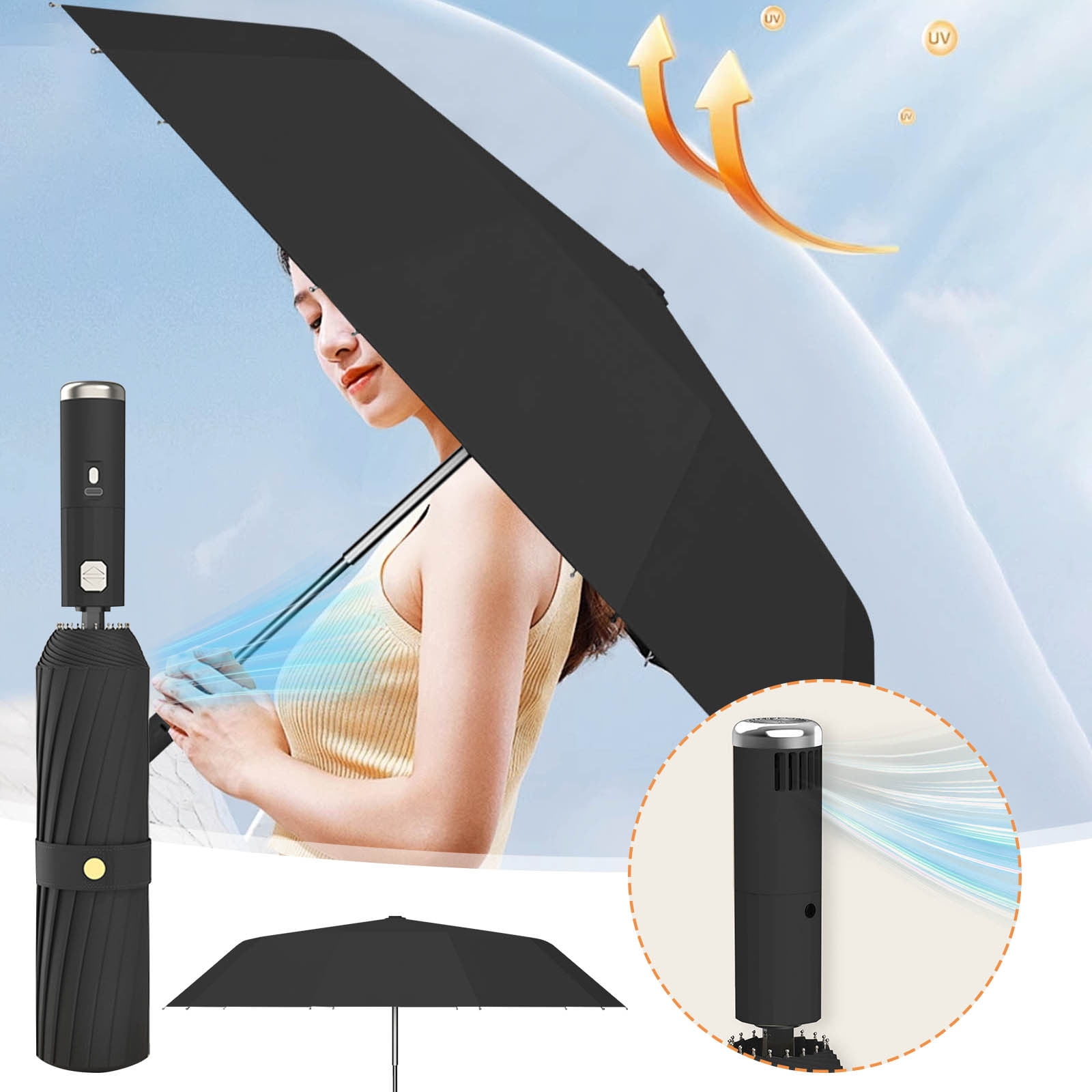 HOZVOMI Umbrella with Fan and Mist Spray, 3-in-1 UV Sun Protection ...