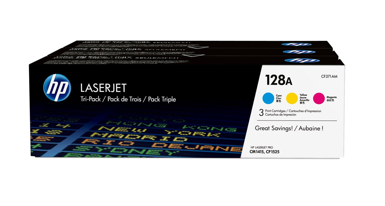 HP 128A 3-pack Original LaserJet Toner Cartridges, Cyan/Magenta/Yellow ...