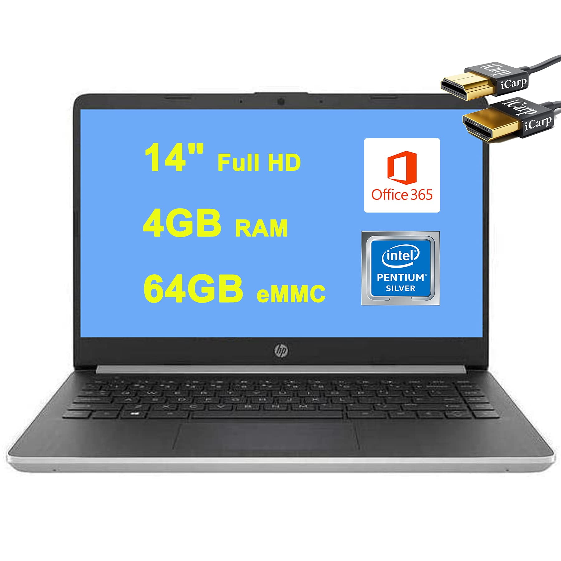 HP 14 Laptop Computer 14" Full HD IPS Display Intel Pentium Silver Quad-Core N5000 4GB DDR4 64GB ...