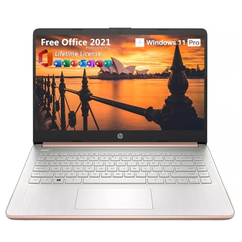 HP 14” Rose Gold Laptop, Intel Celeron N4120, 16 GB DDR4 RAM, 128 GB eMMC + 256 GB SD Card, 14 ...