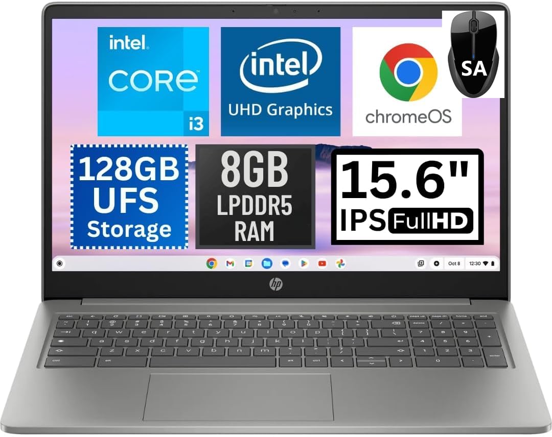 HP 15.6 FHD Premium AI Chromebook Plus, Intel i3 Processor 3.8GHz Turbo ...