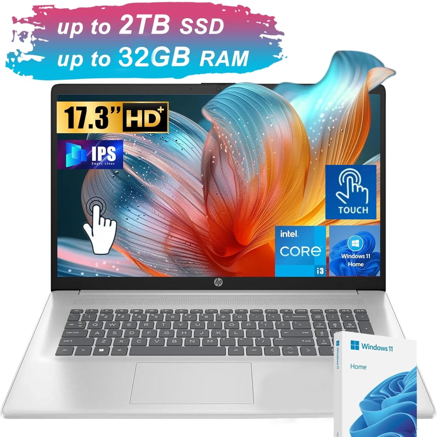 HP 17.3" Touchscreen Laptop, Intel Core i3, 16GB RAM, 512GB SSD, Windows 11 Home, Silver ...