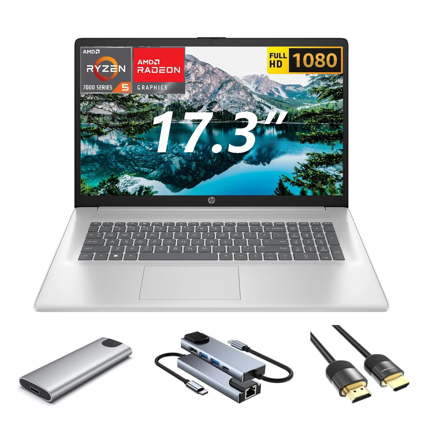 HP 17.3 inch Laptop, FHD Display, 6-Core AMD Ryzen 5 7430U, 32GB RAM, 2TB SSD + 256GB Portable ...