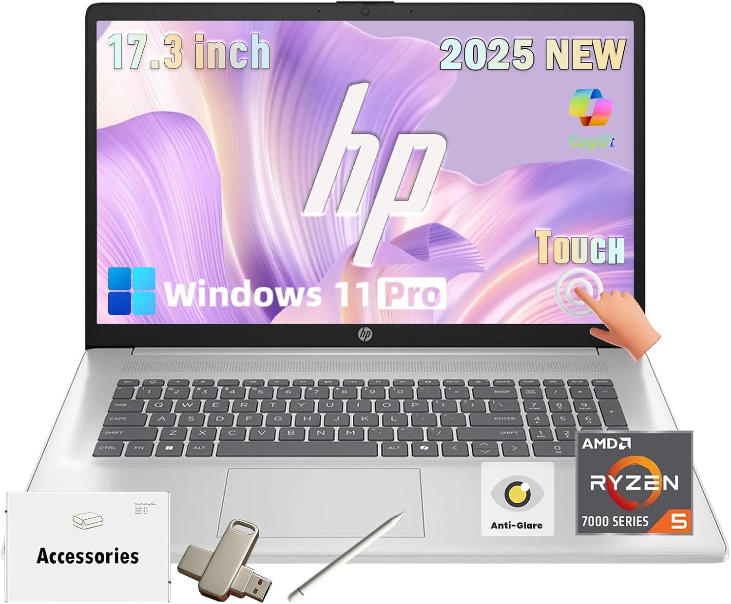 HP 17 Inch Touchscreen Laptop Computer, 17.3" 250 nits Anti-Glare ...