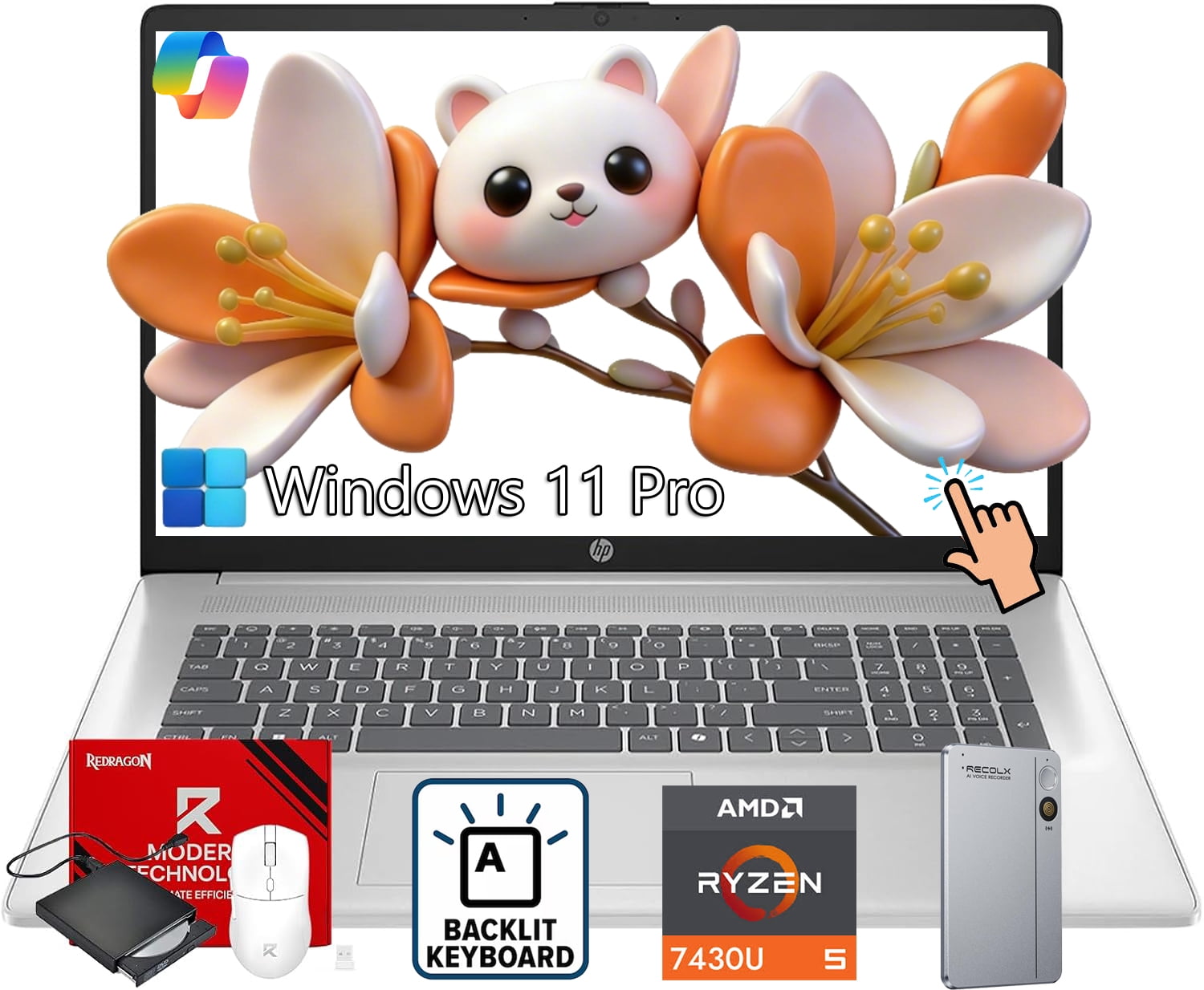 HP 17 Touchscreen Laptop Computer, AMD Ryzen 5 7430U, 17.3" HD+ Anti ...