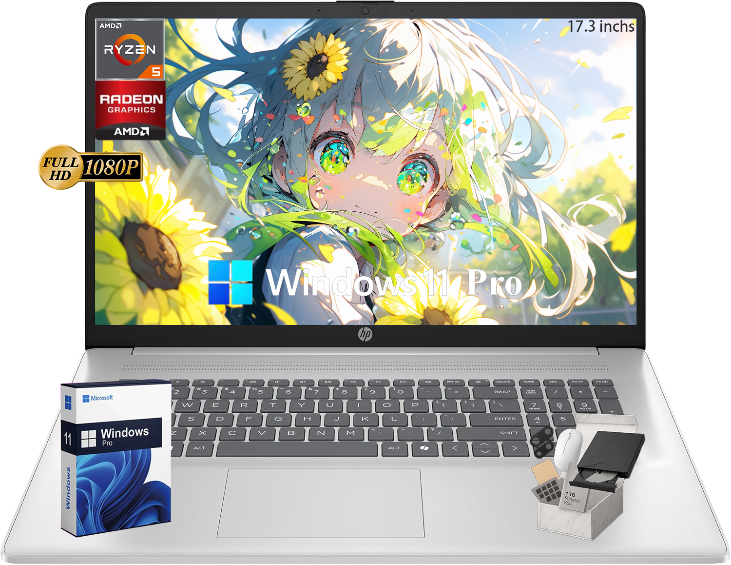 HP 17 inch Laptop Computer - 17.3" FHD IPS Display, 6-Cores AMD Ryzen 5 7430U , 16GB RAM, 512GB ...