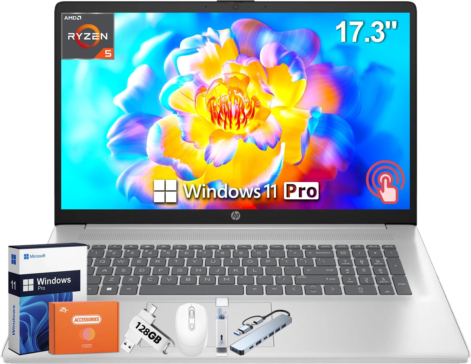HP 17 inch Touchscreen Laptop, Microsoft Office Lifetime License & Windows 11 Pro, AMD Ryzen 5 ...