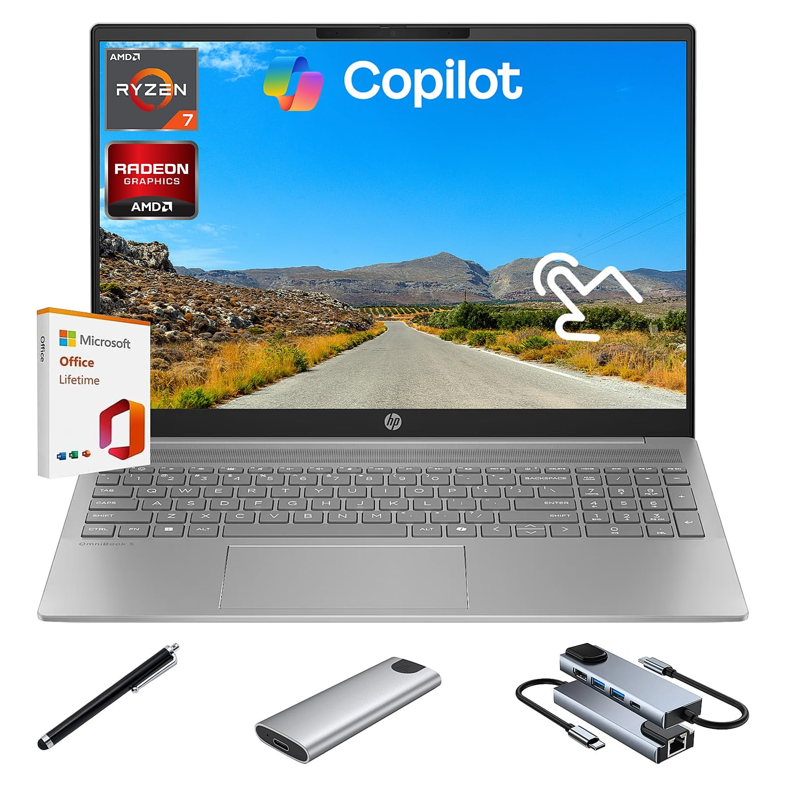 HP 2025 Omnibook 5 Touchscreen Laptop,16" FHD 2K Copilot AI Laptop, AMD Ryzen AI 7 350(50 Tops ...