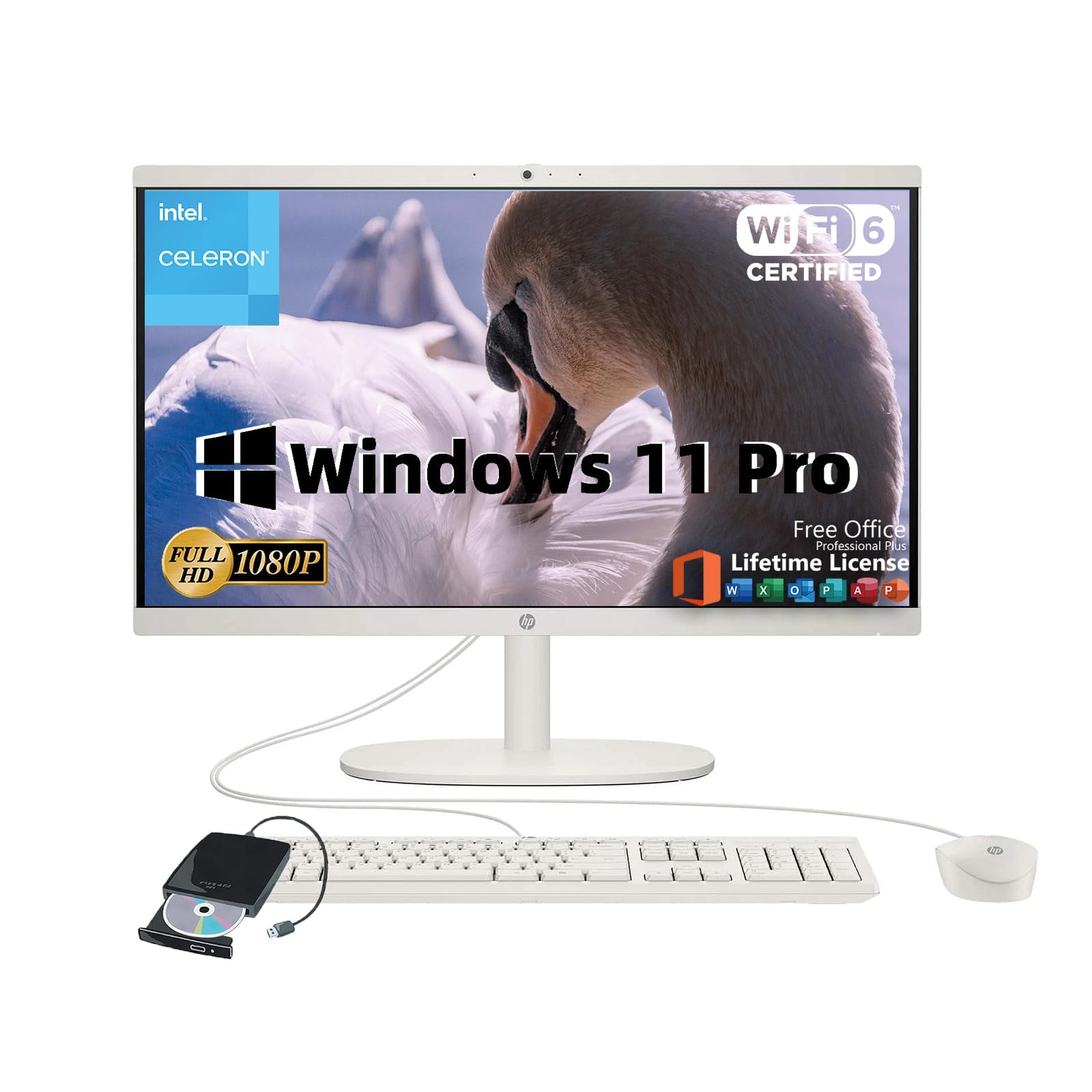 HP 21.5" All-in-One Desktop - w/Office Lifetime & External DVD Drive, 21.5" FHD Display ...