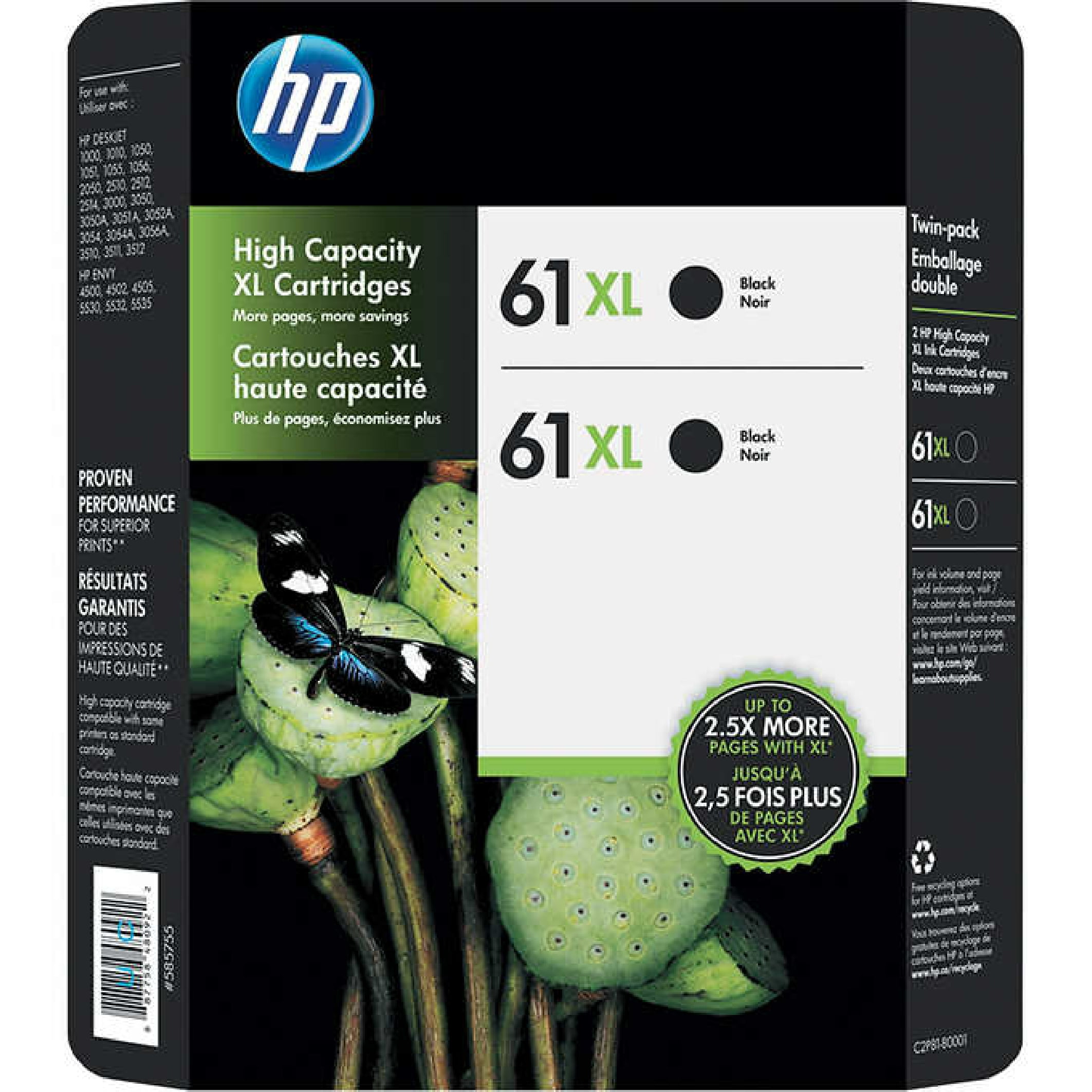 HP 61XL High Yield Original Black Ink Cartridges, 2 pk., 480 Page Yield ...