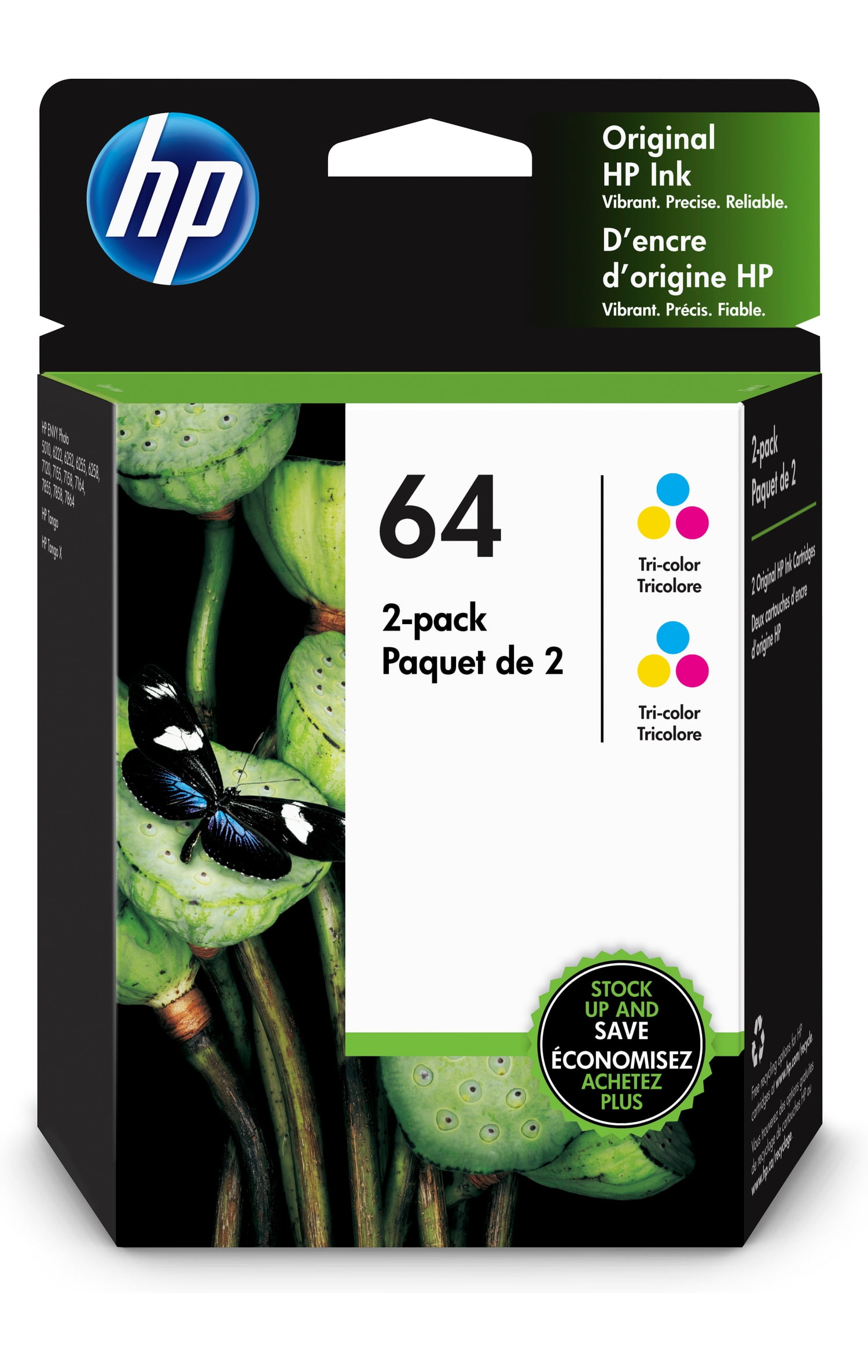 HP 64 2-pack Tri-color Original Ink Cartridges for ENVY Printer, ~165 ...